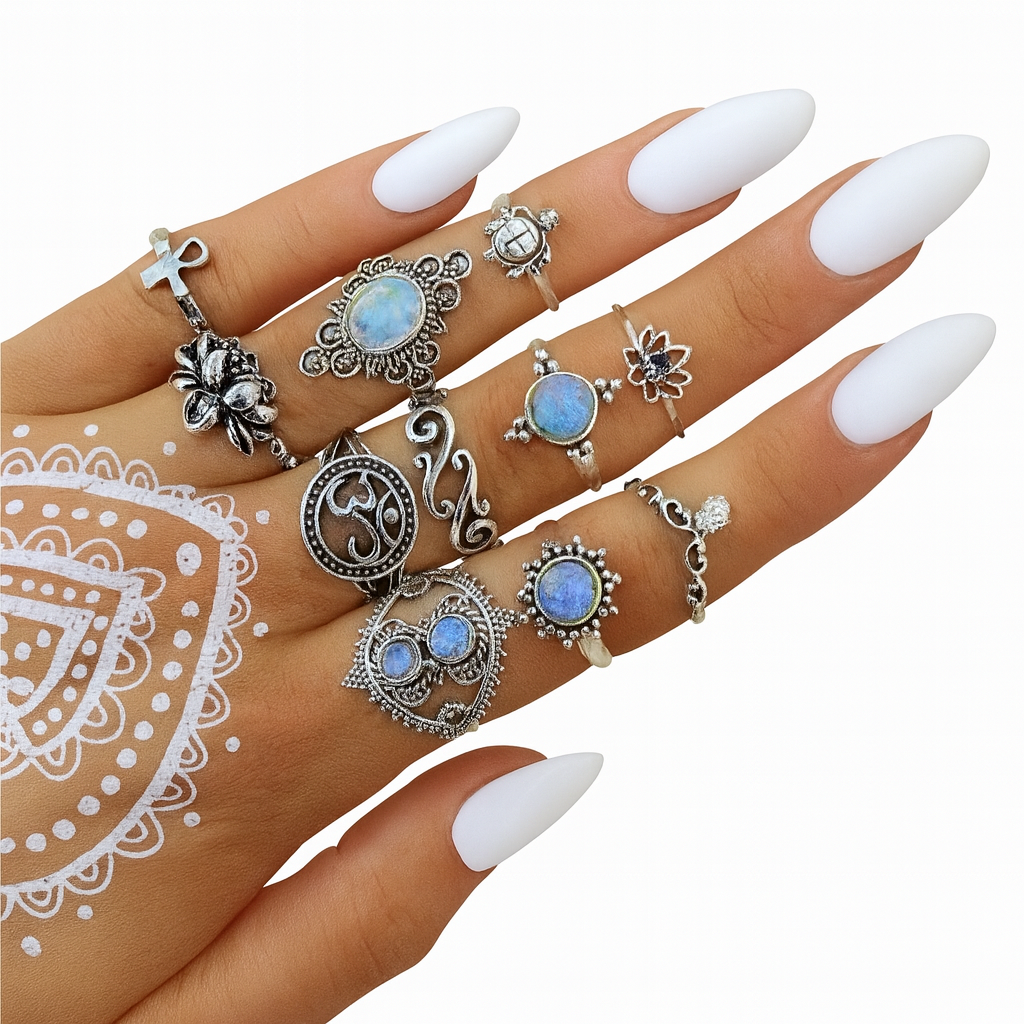 Boho Silver Ring Set – 11 -Piece Vintage Design – Khattar Store